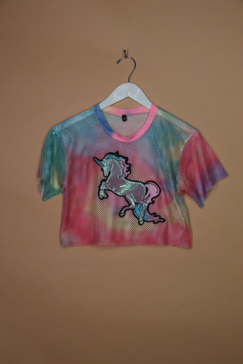 Sample#01830- Unicorn Patch Rainbow Mesh Crop Tee-M – Marek+Richard