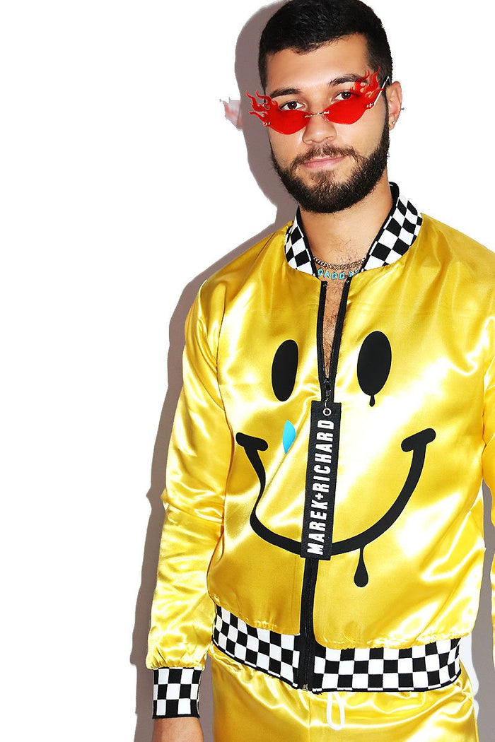 Smiley Satin Bomber Jacket- Yellow – Marek+Richard